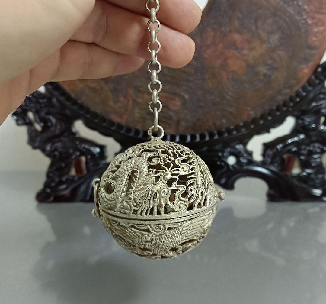 Tibetan Silver Dragon Phoenix Aromatherapy Ball Hollow Home Vintage ...