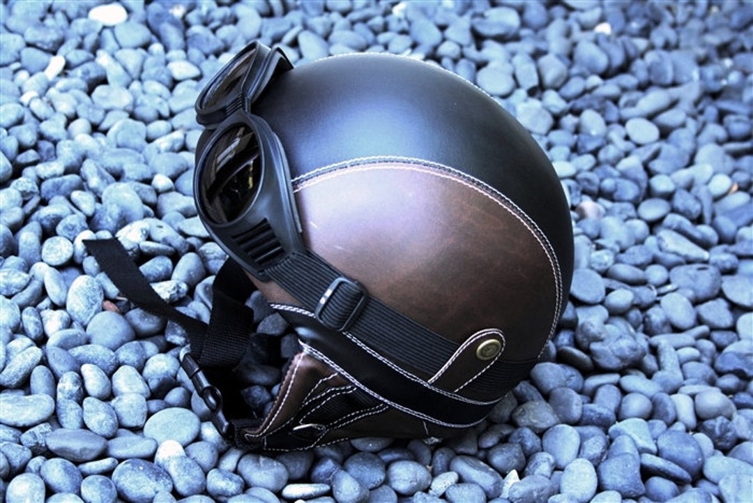 Motorcycle Replica Helmet Pilot Handmade Open Eco Leather Black Brown ...
