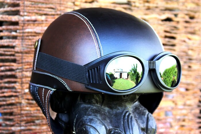 Motorcycle Replica Helmet Pilot Handmade Open Eco Leather Black Brown ...