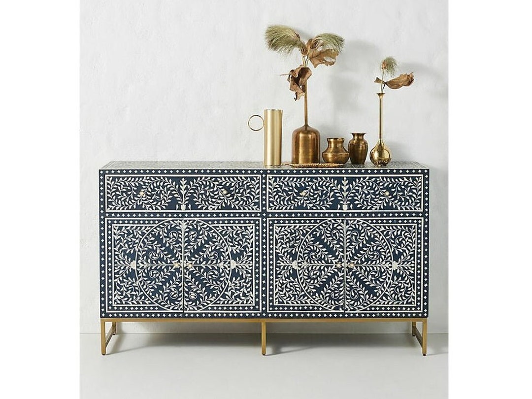 Bone Inlay Indigo Blue Four Door Cabinet, Bone Inlay Blue Cabinet With ...