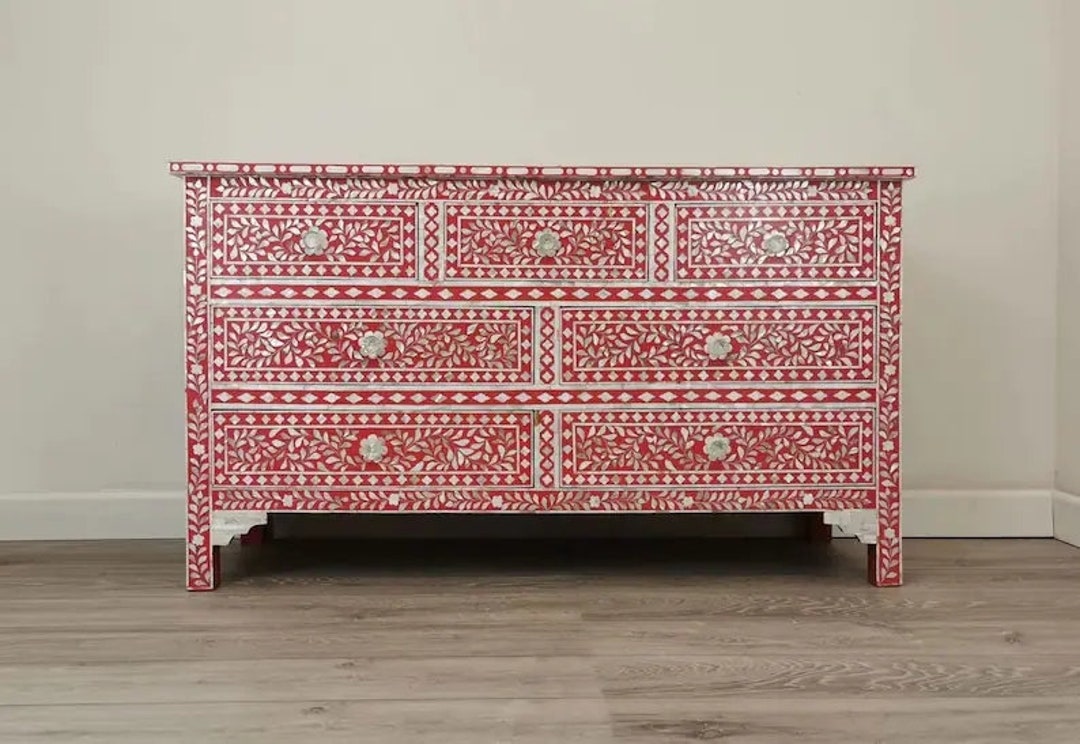 Mother of Pearl Inlay 7 Drawers Chest, MOP Inlay Red Storage Unit, 7 ...