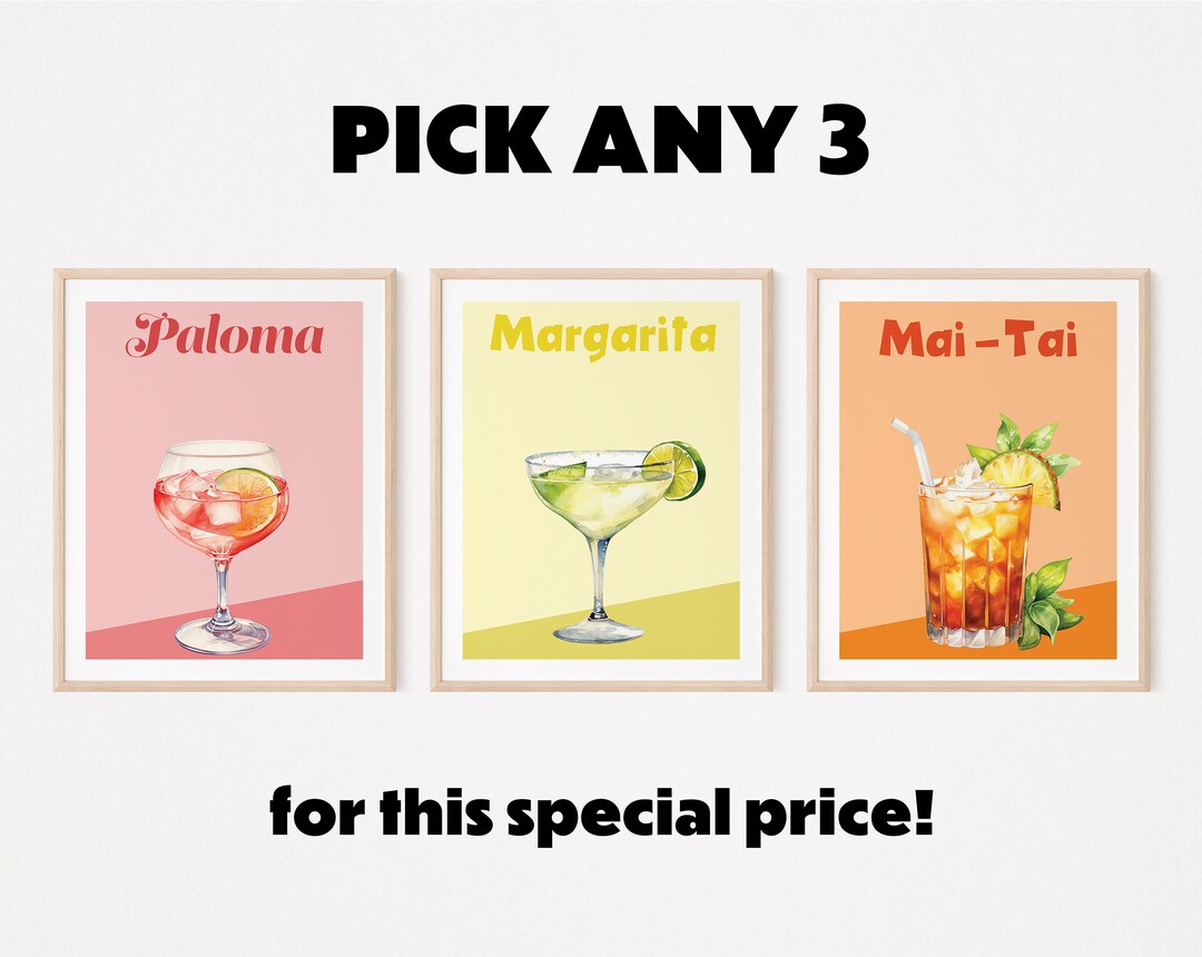 Cocktail Print of 3, Colorful Bar Cart Gallery, Drinks Wall Decor ...