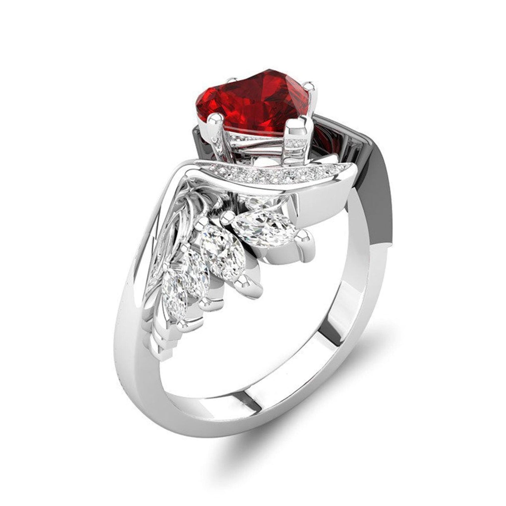 Angel Wing Ring With Devil Wing Ring Garnet Heart Inlaid Bypass Ring ...