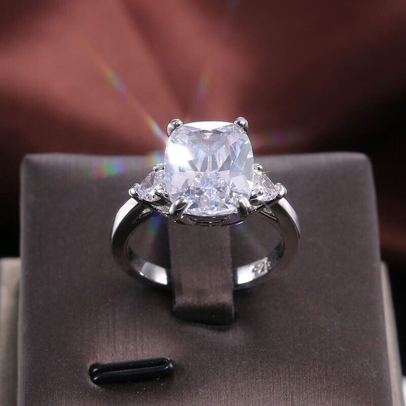 4.8CT Cushion Cut Diamond Three-stone Engagement Ring in 935 Argentium ...