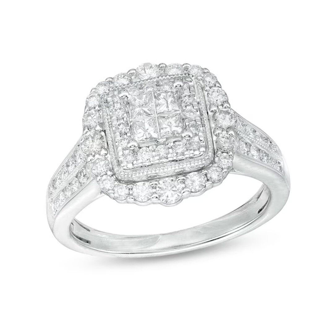 Beautiful 1 CT Quad Princess-cut Diamond Double Frame Engagement Ring ...