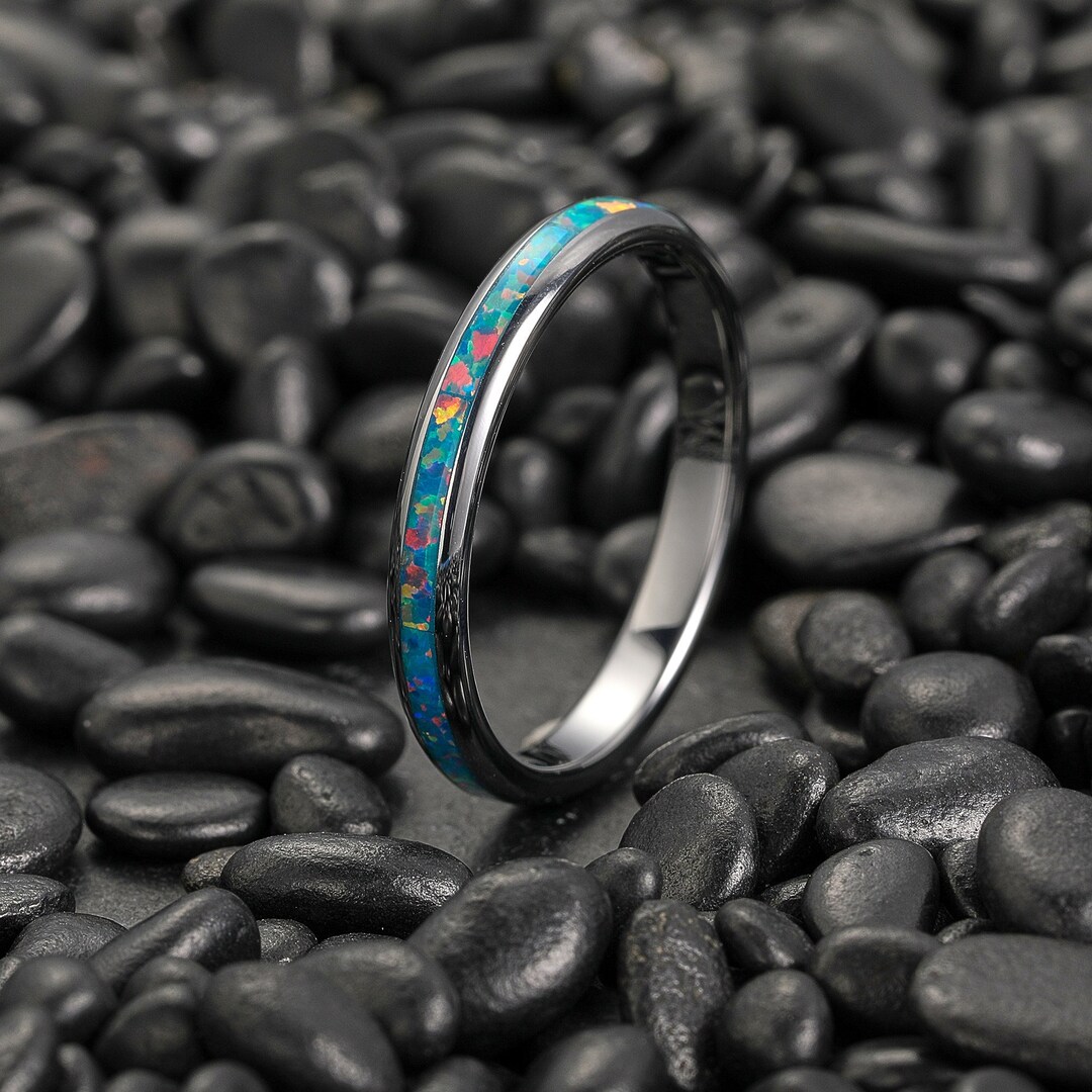 Rainbow Opal Ring, 3mm Silver Tungsten Wedding Band, Unique Ring, Women Wedding Band, Opal ...