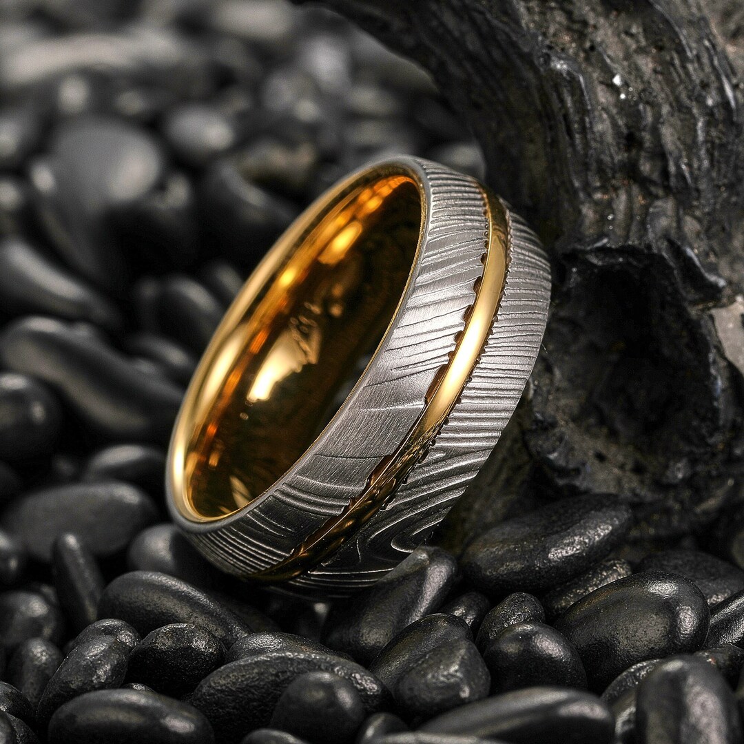 Gold Damascus Steel Ring, Men Wedding Ring, Handmade Damascus Ring ...