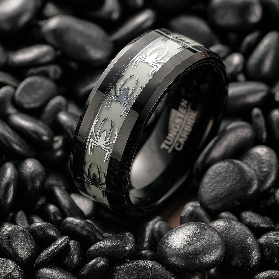 Personalized Spider Pattern Tungsten Ring, Mens Engagement Ring, Glow ...