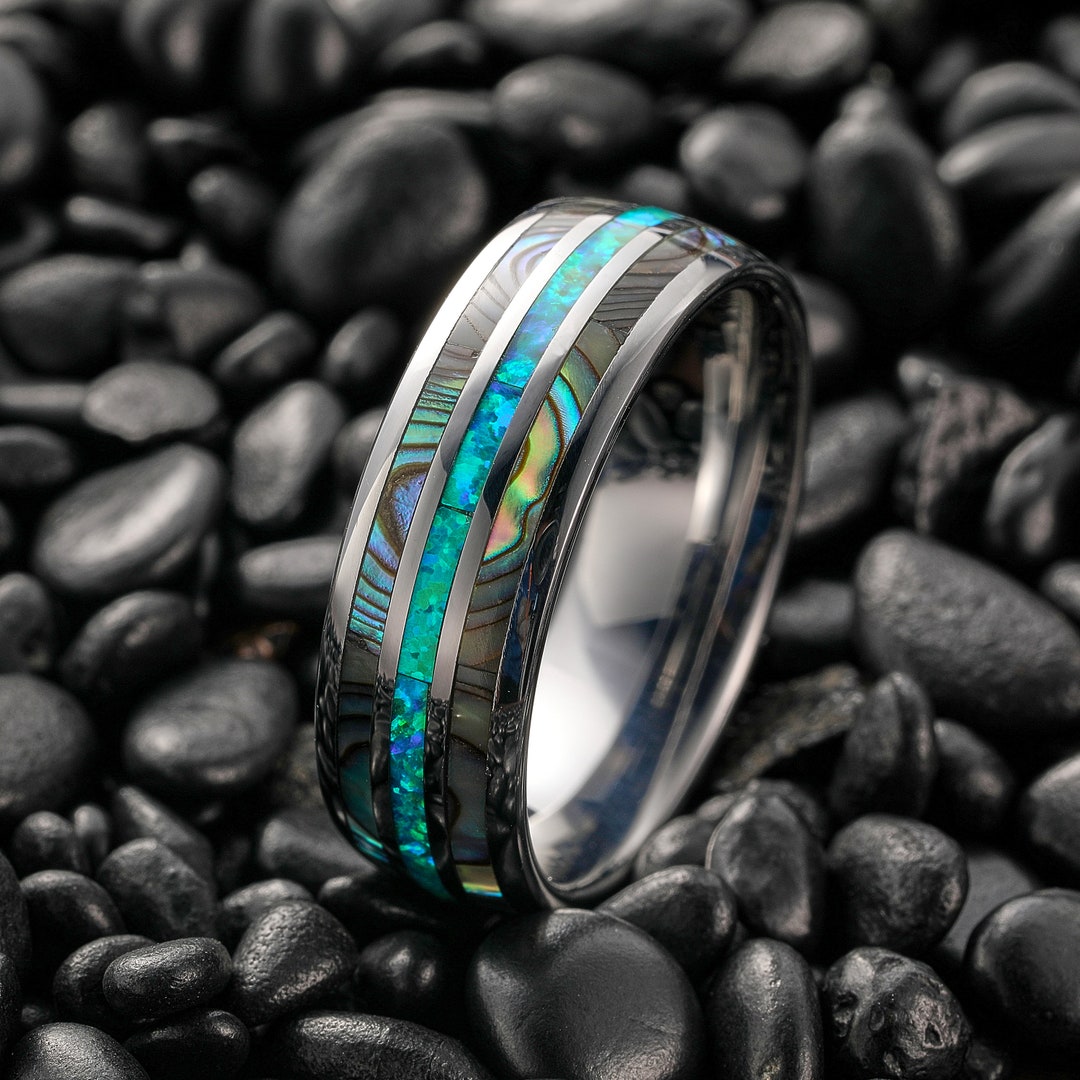 Silver Tungsten Wedding Band, Men Abalone Ring, Mens Wedding Band, Opal ...