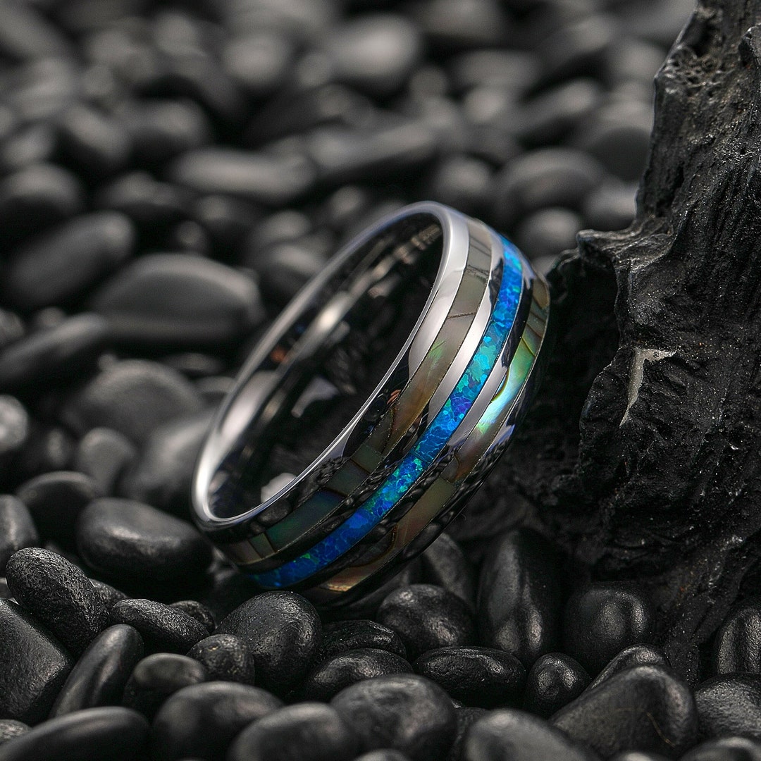 Abalone and Blue Opal Ring, Mens Wedding Band, 8mm Unique Abalone Ring ...