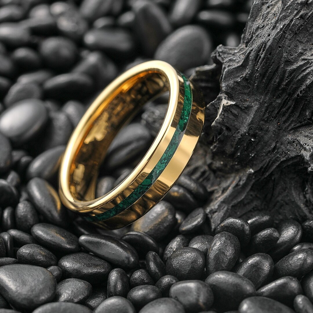 Gold Malachite Ring, Malachite Wedding Band, Malachite Tungsten Carbide ...