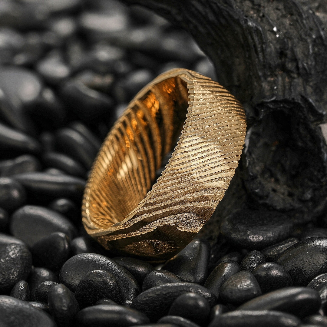 14K Gold Damascus Steel Ring, Damascus Mens Wedding Band, 8mm Gold Ring ...
