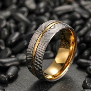 Gold Damascus Steel Ring, Men Wedding Ring, Handmade Damascus Ring ...