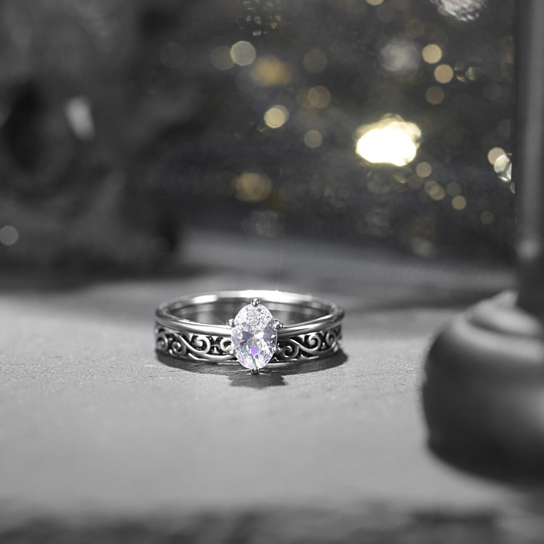 Vintage 925 Sterling Silver Wedding Ring Set, 1.0ct Oval Cut Cubic Zirconia Vine Engagement ...