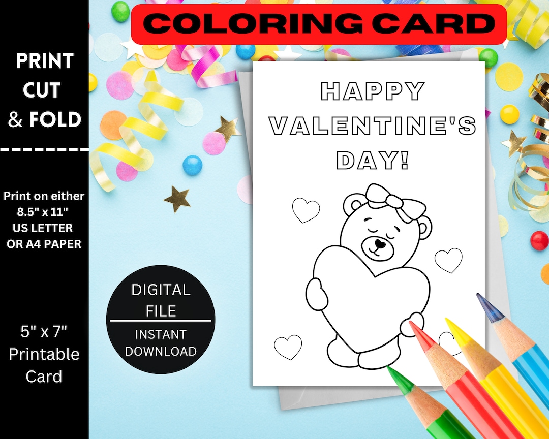 PRINTABLE Valentines Day Coloring Card, Cute Kids Card, Print and Color ...