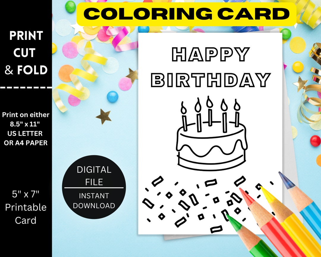 PRINTABLE Happy Birthday Coloring Card, Birthday Cake Card, Print and ...