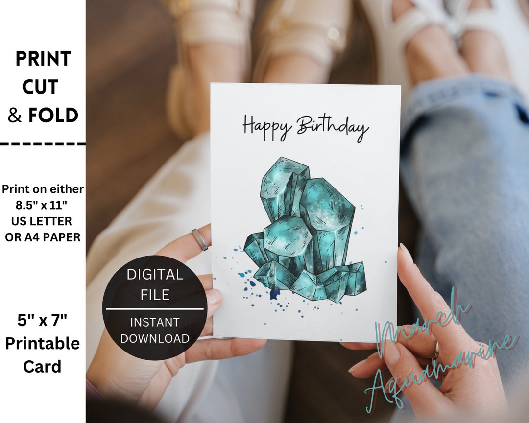 Printable Card March Birthday Card Aquamarine Birthstone Greeting Card ...