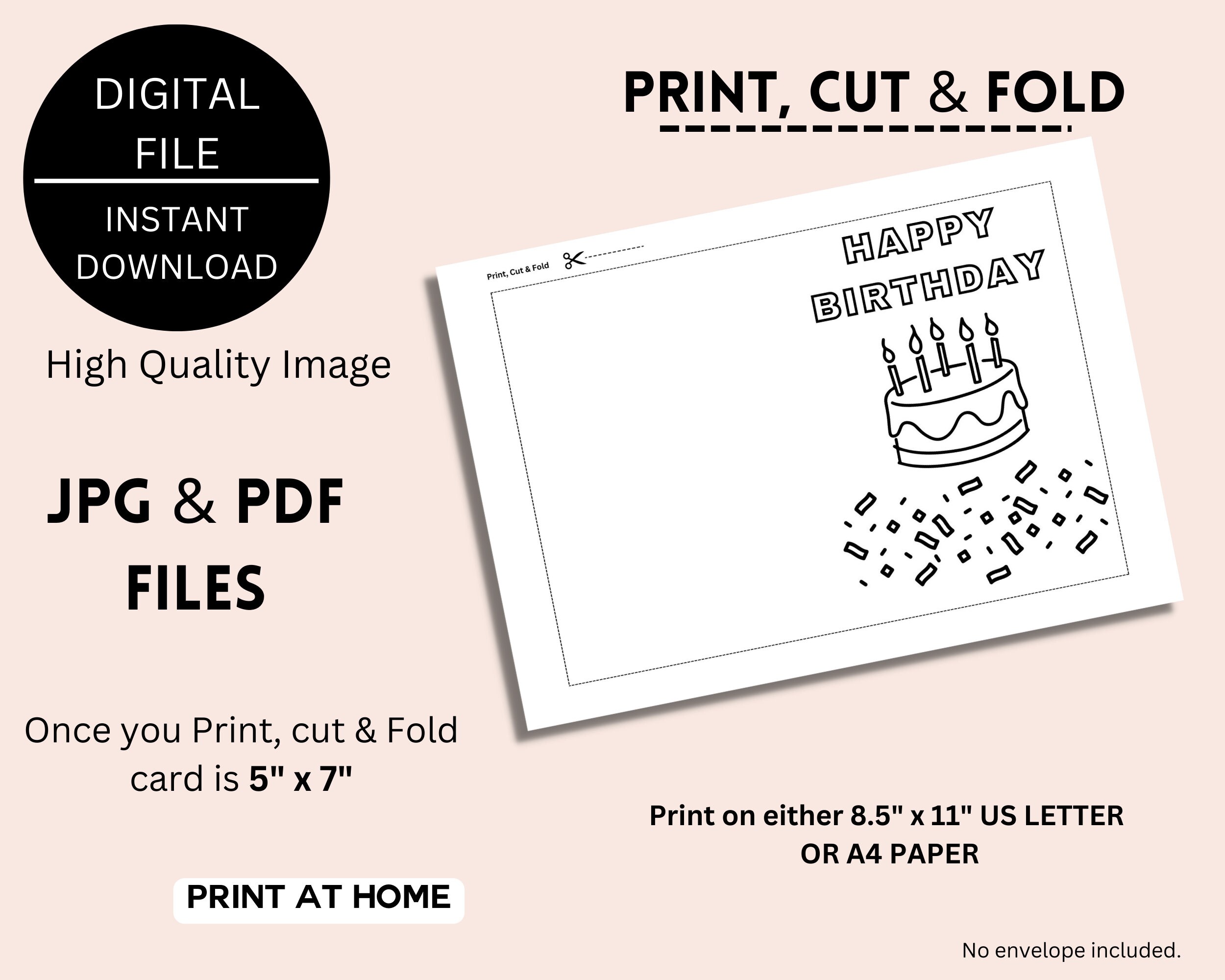 PRINTABLE Happy Birthday Coloring Card, Birthday Cake Card, Print and ...