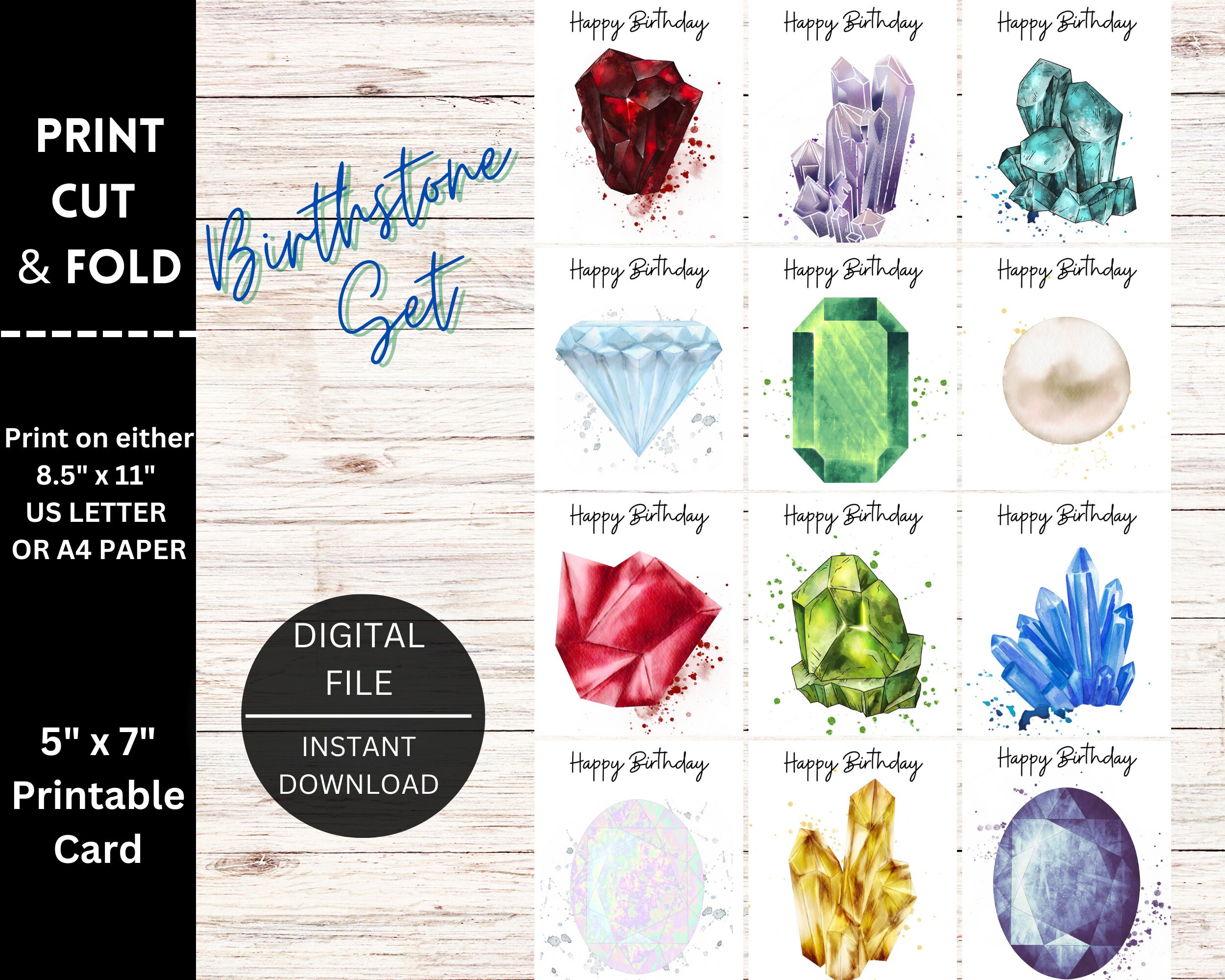12 Set Birthstone Birthday Card Printable Card Birthmonth Gemstones ...