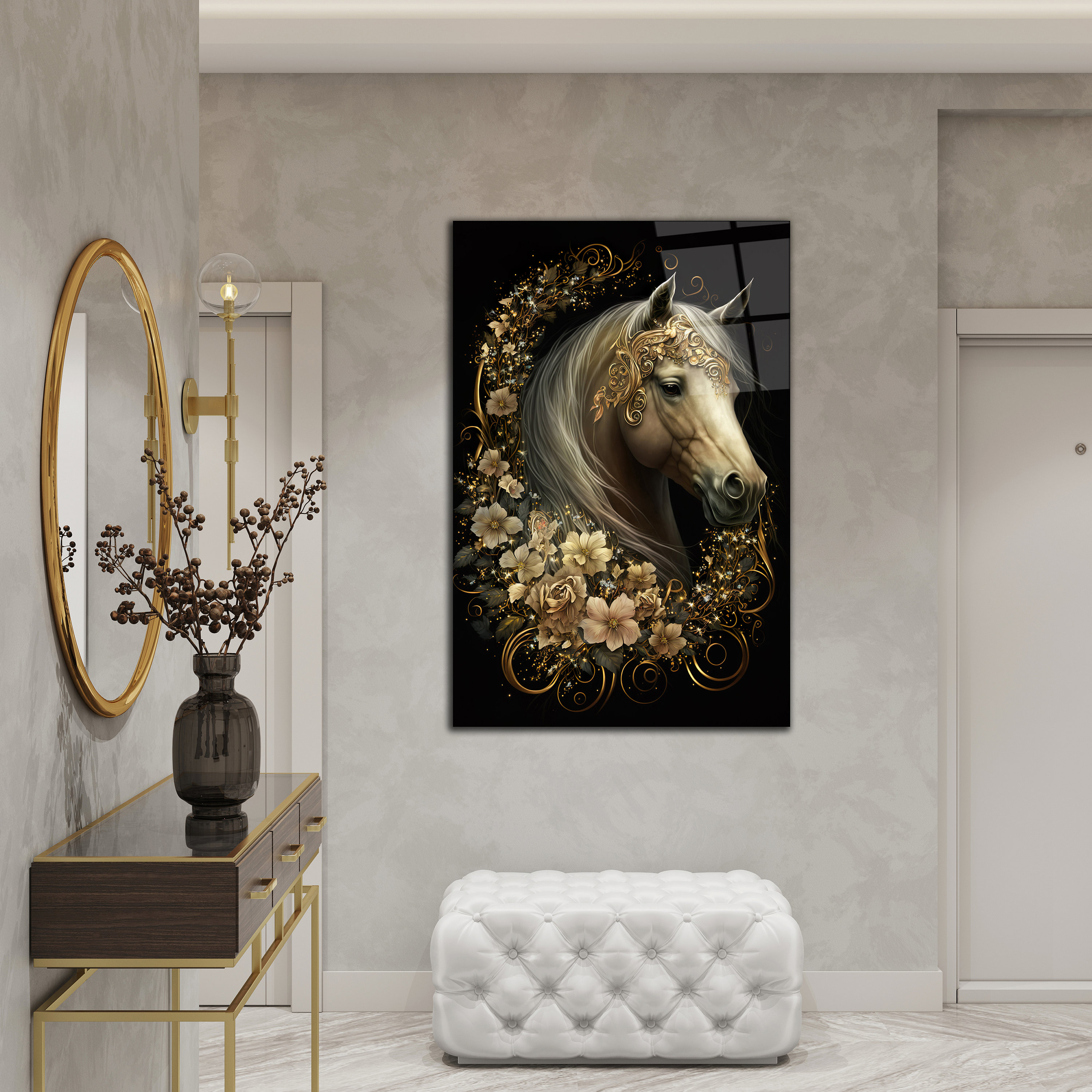 Tempered Glass Wall Art Abstract Golden Horse Print Glass Wall Art ...