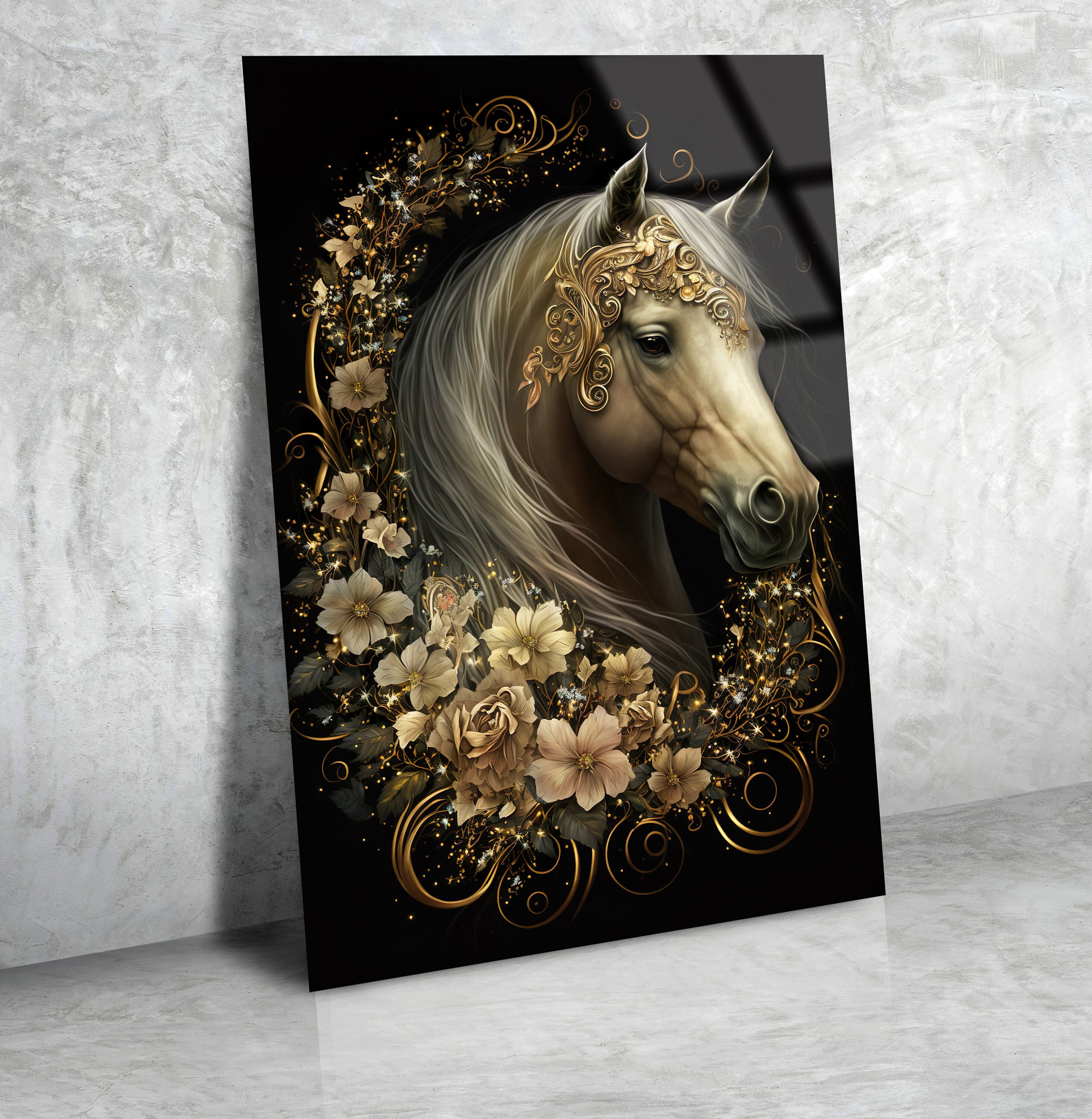 Tempered Glass Wall Art Abstract Golden Horse Print Glass Wall Art ...