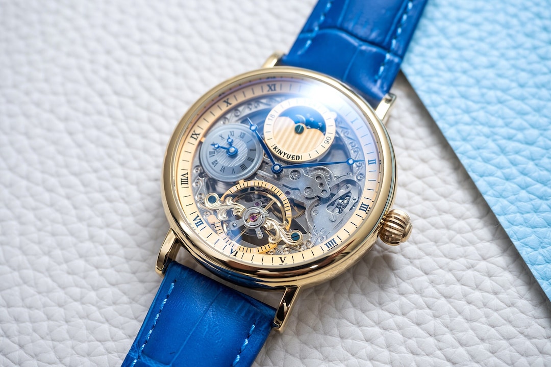 Engraved Automatic Skeleton Mechanical Dual Time Watch: Gold Blue ...