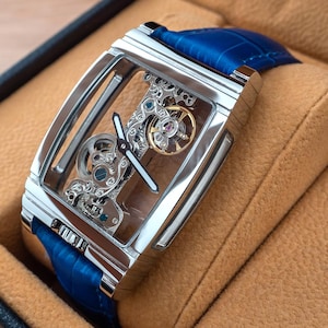 Personalized Skeleton Manual Mechanical Watch: Chrome Silver Blue ...