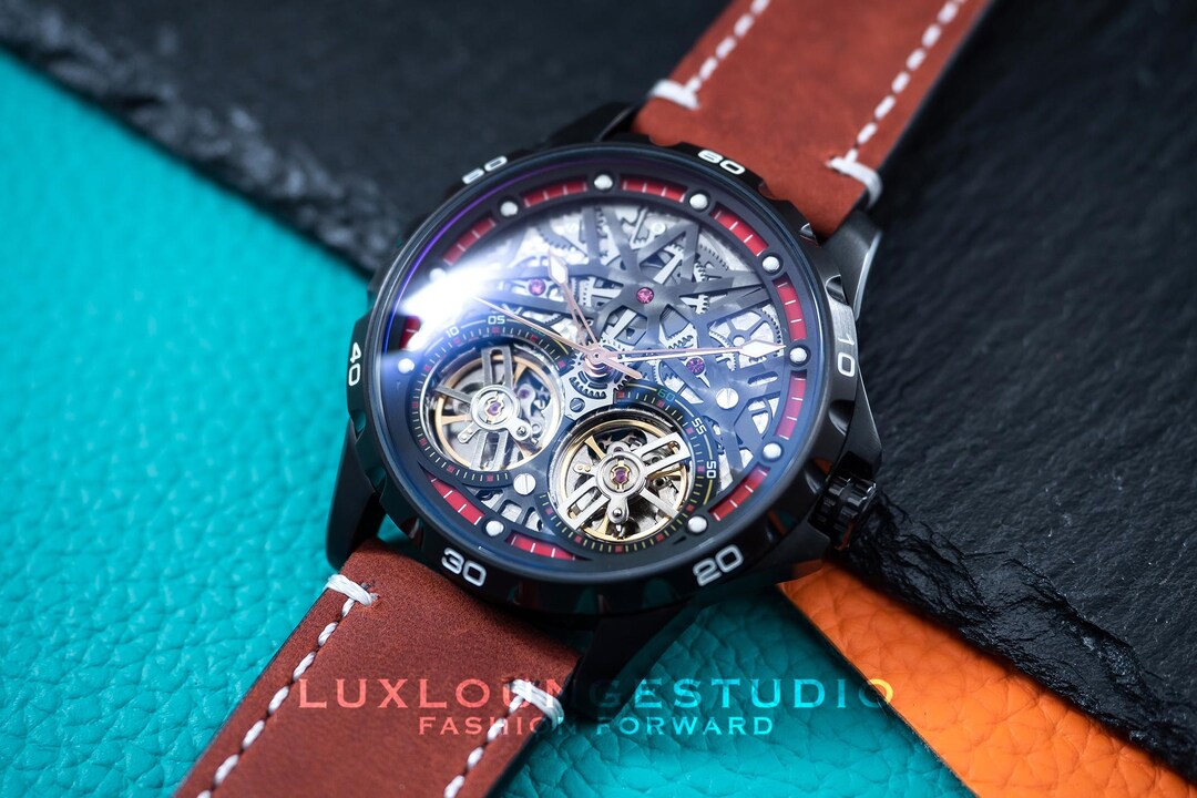 Personalized Mechanical Skeleton Watch: Double Flywheel, Rose Gold ...