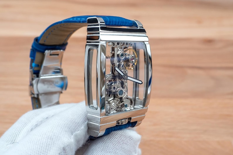 Personalized Skeleton Manual Mechanical Watch: Chrome Silver Blue ...
