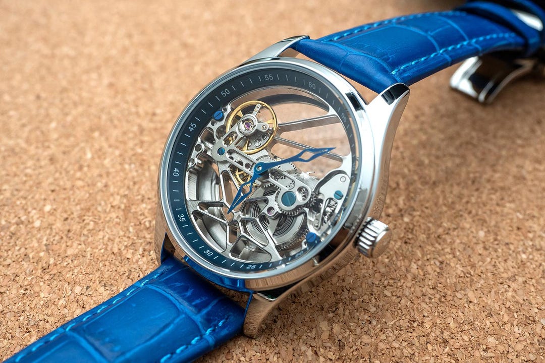 Personalized Skeleton Automatic Watch: Silver & Blue Leather ...