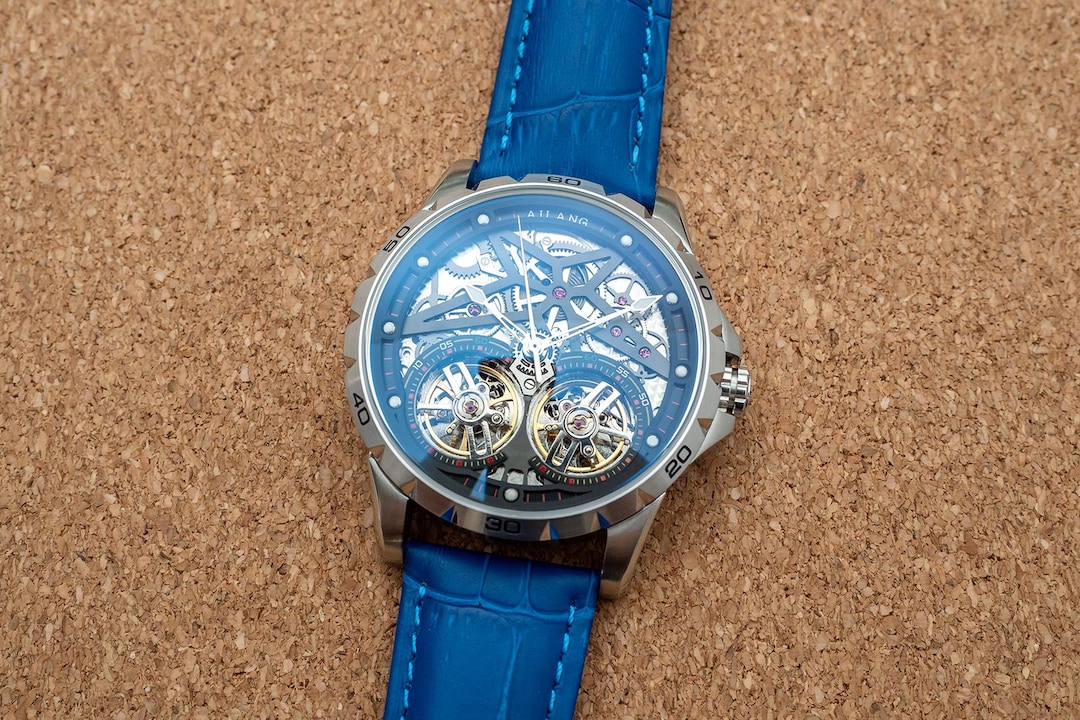 Personalized Mens Double Flywheel Automatic Mechanical Skeleton Watch ...