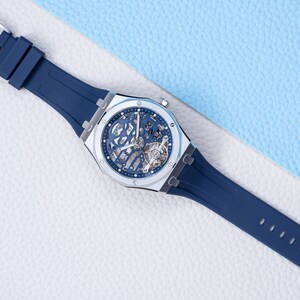 Automatic Skeleton Watch: Silver Stainless Steel With Blue Rubber Strap ...
