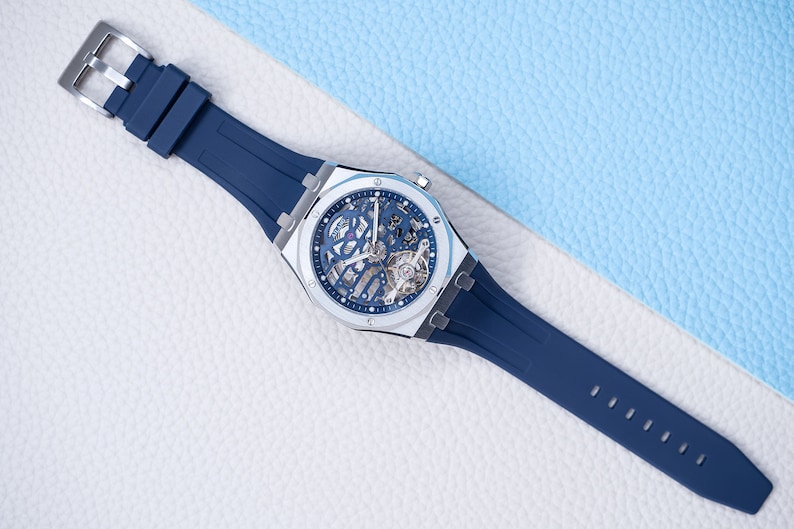 Automatic Skeleton Watch: Silver Stainless Steel With Blue Rubber Strap ...