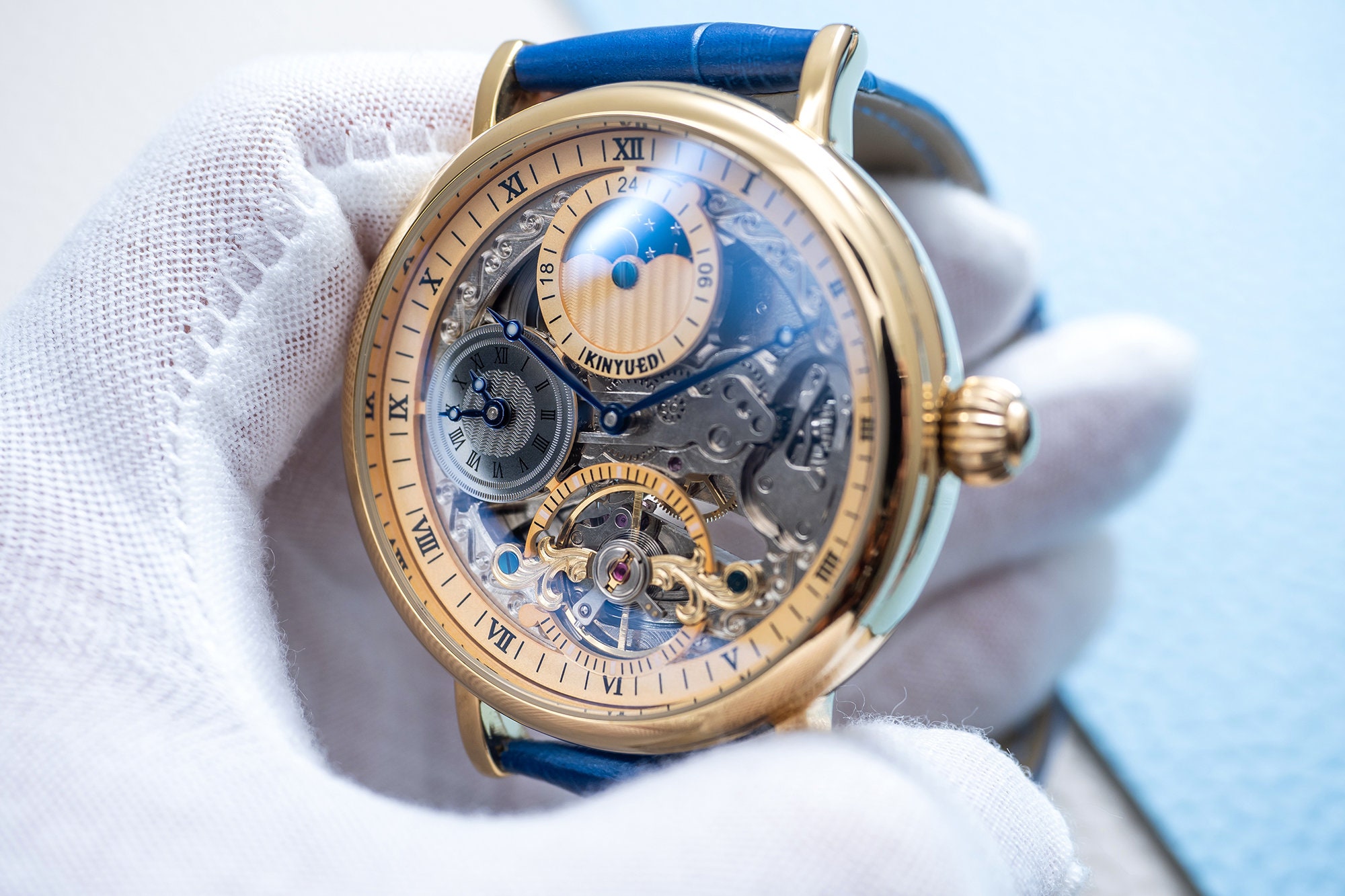 Engraved Automatic Skeleton Mechanical Dual Time Watch: Gold Blue ...