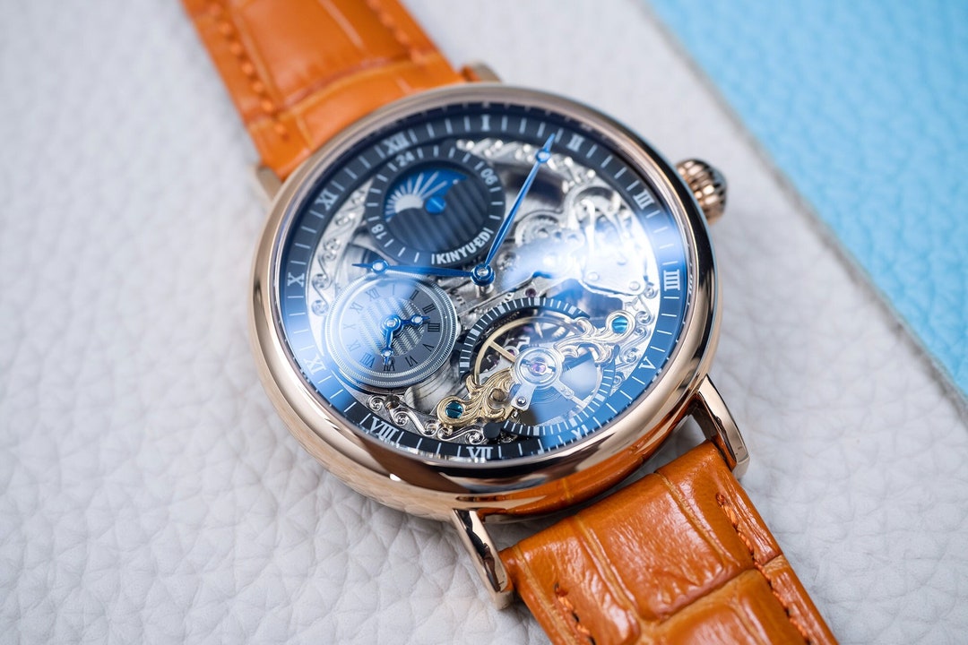 Engraved Rose Gold Skeleton Watch: Automatic Dual Time, Orange Leather ...