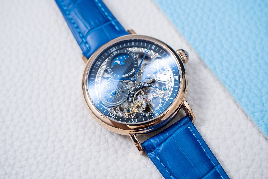 Engraved Automatic Skeleton Mechanical Dual Time Watch: Rose Gold Black ...