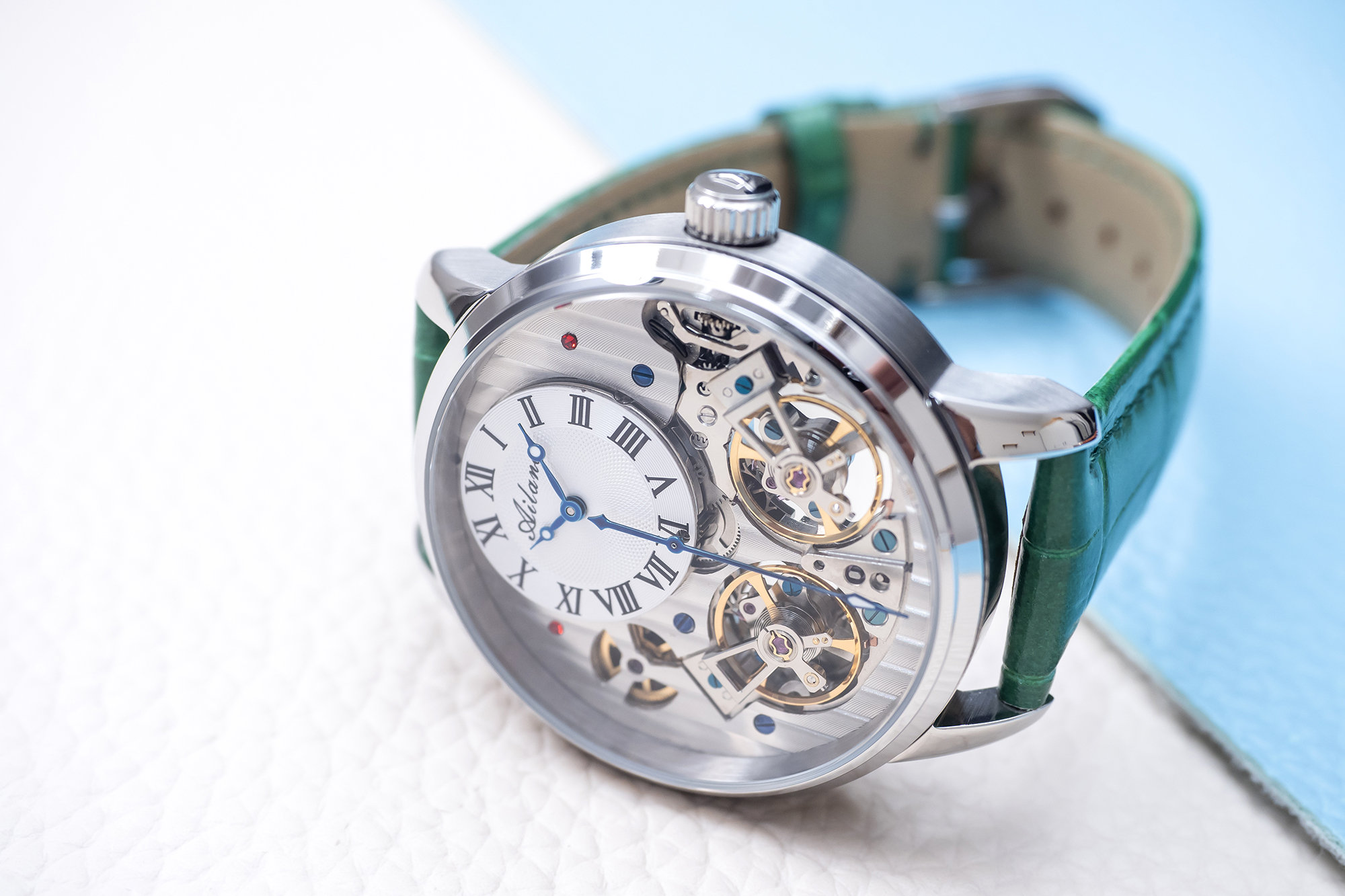 Automatic Dual Flywheel Watch: Sapphire Glass, Green Leather Strap - Etsy