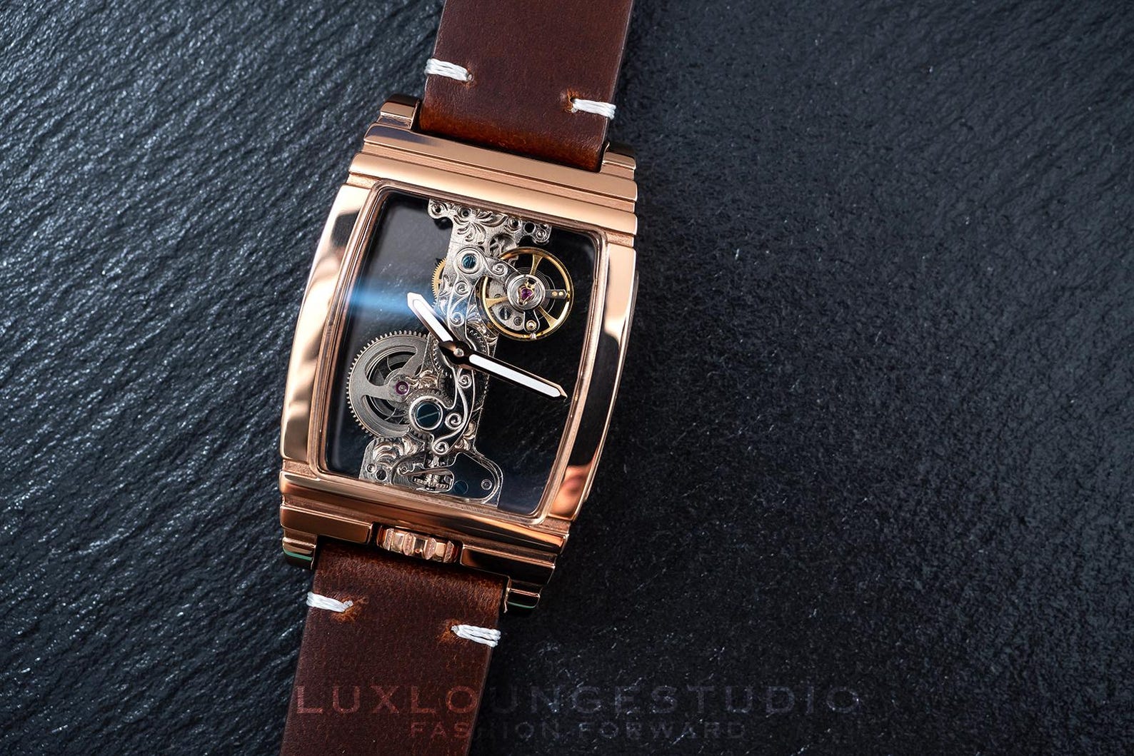 Personalized Rose Gold Skeleton Watch: Manual Mechanical Brown Leather ...