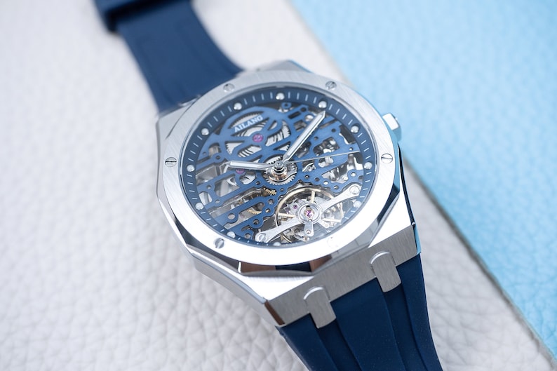 Automatic Skeleton Watch: Silver Stainless Steel With Blue Rubber Strap ...
