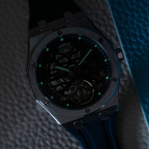Automatic Skeleton Watch: Silver Stainless Steel With Blue Rubber Strap ...