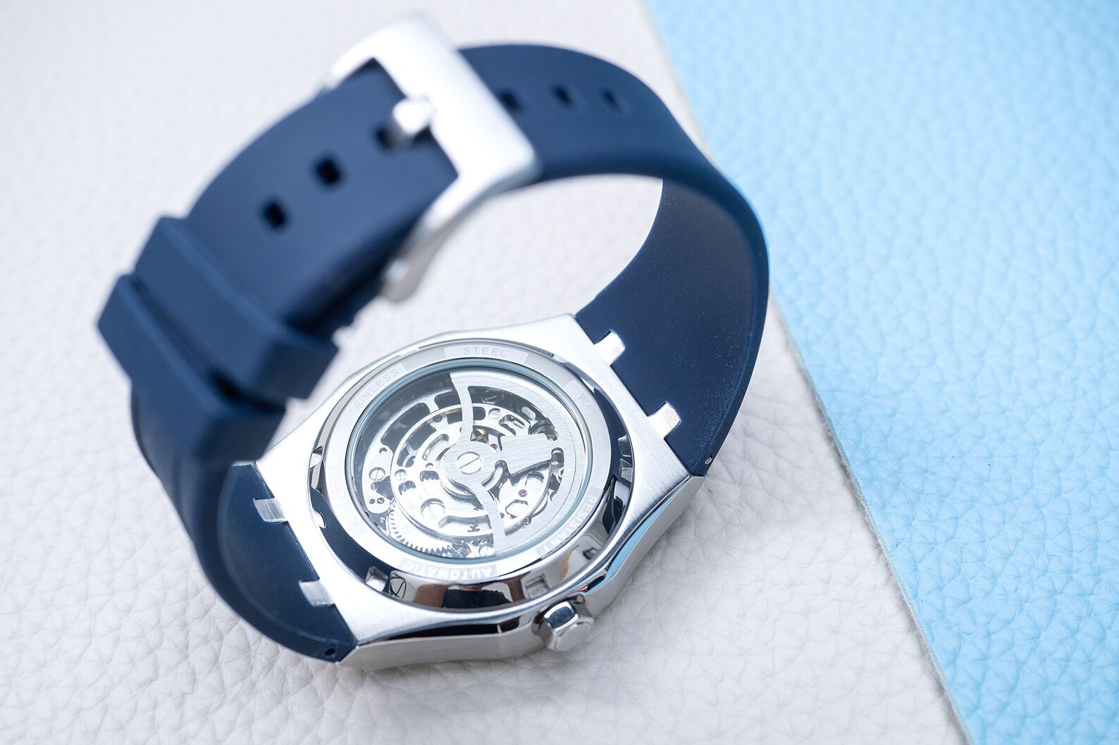 Automatic Skeleton Watch: Silver Stainless Steel With Blue Rubber Strap ...