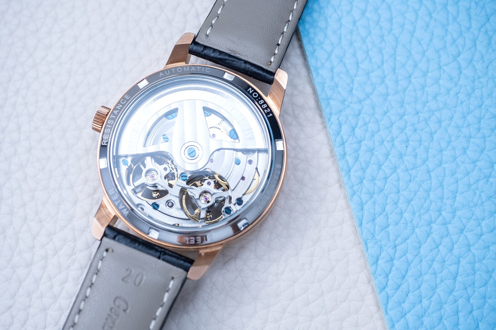 Dual Flywheel Automatic Watch: Rose Gold, Sapphire Glass, Leather Strap ...