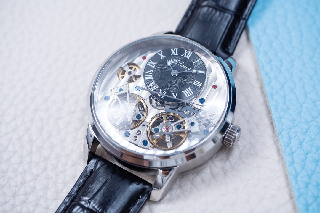 Automatic Mechanical Watch: Silver Black Dial, Sapphire Glass, Leather ...