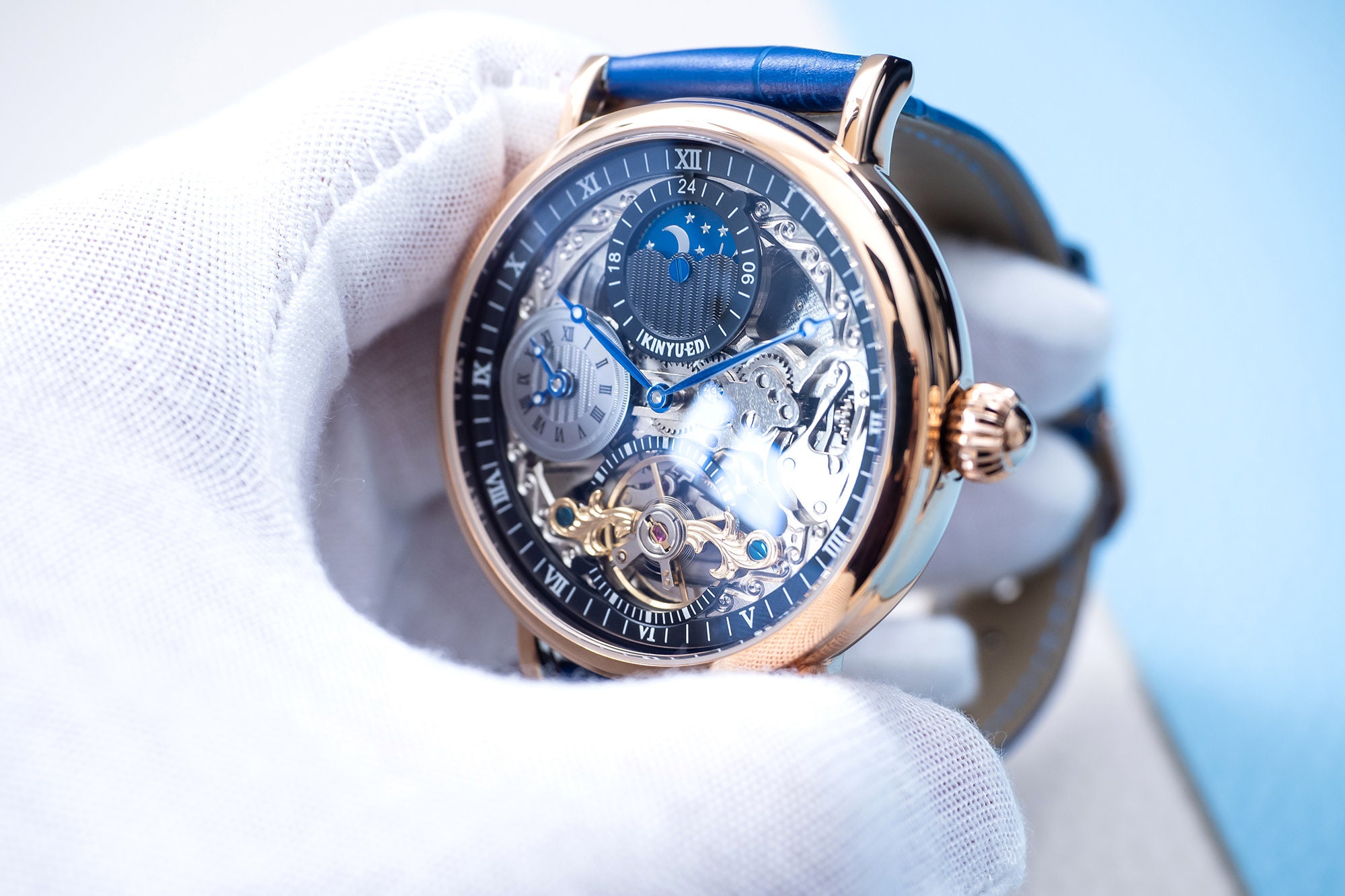 Engraved Automatic Skeleton Mechanical Dual Time Watch: Rose Gold Black ...