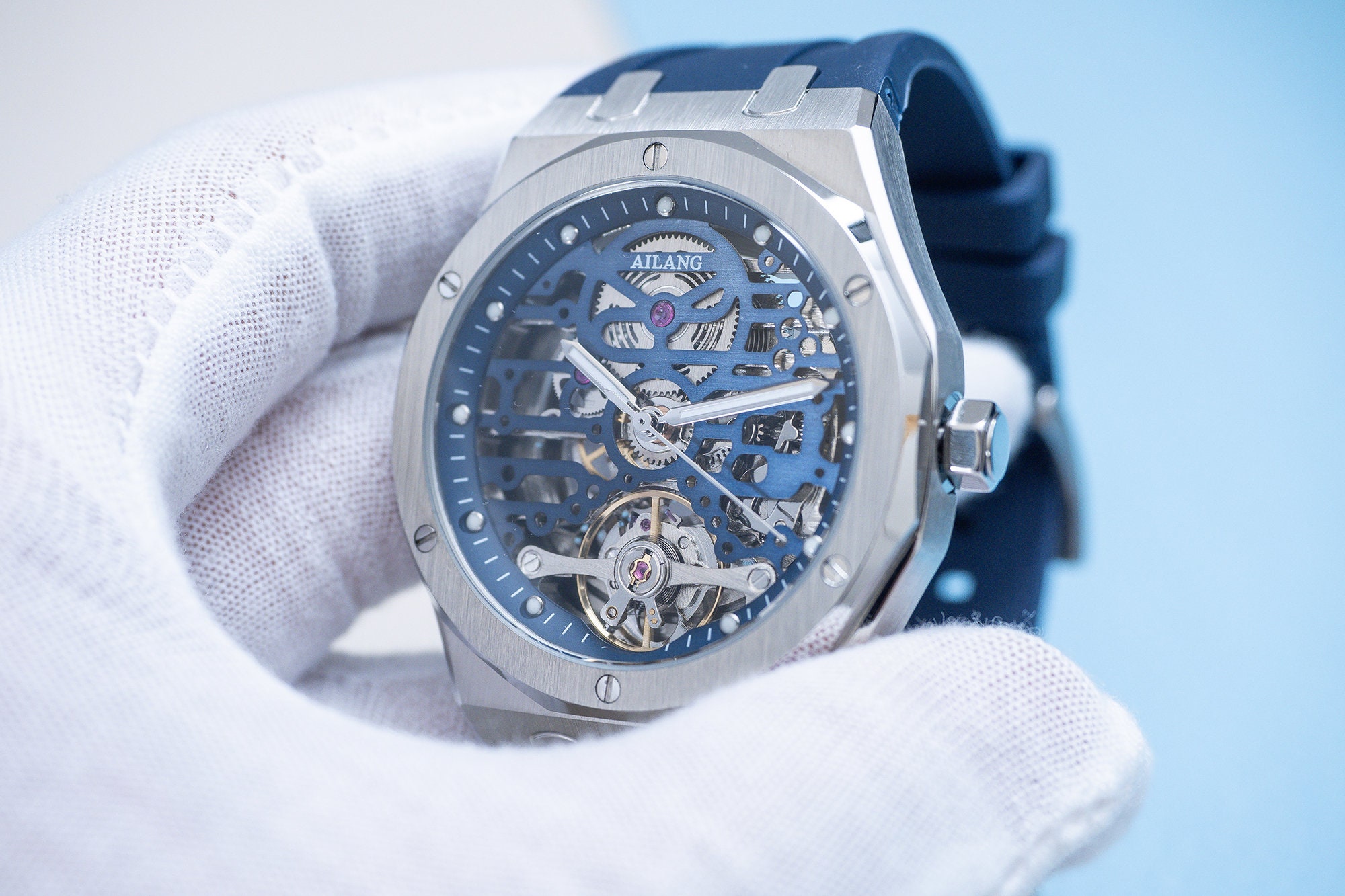 Automatic Skeleton Watch: Silver Stainless Steel With Blue Rubber Strap ...