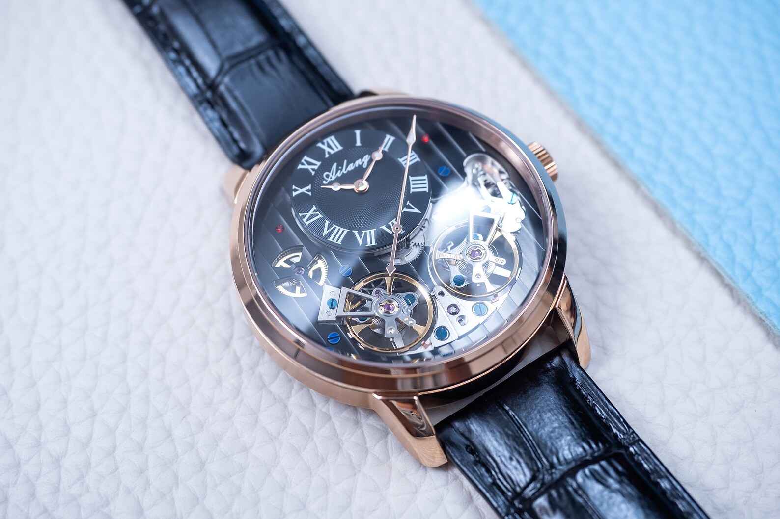 Dual Flywheel Automatic Watch: Rose Gold, Sapphire Glass, Leather Strap ...
