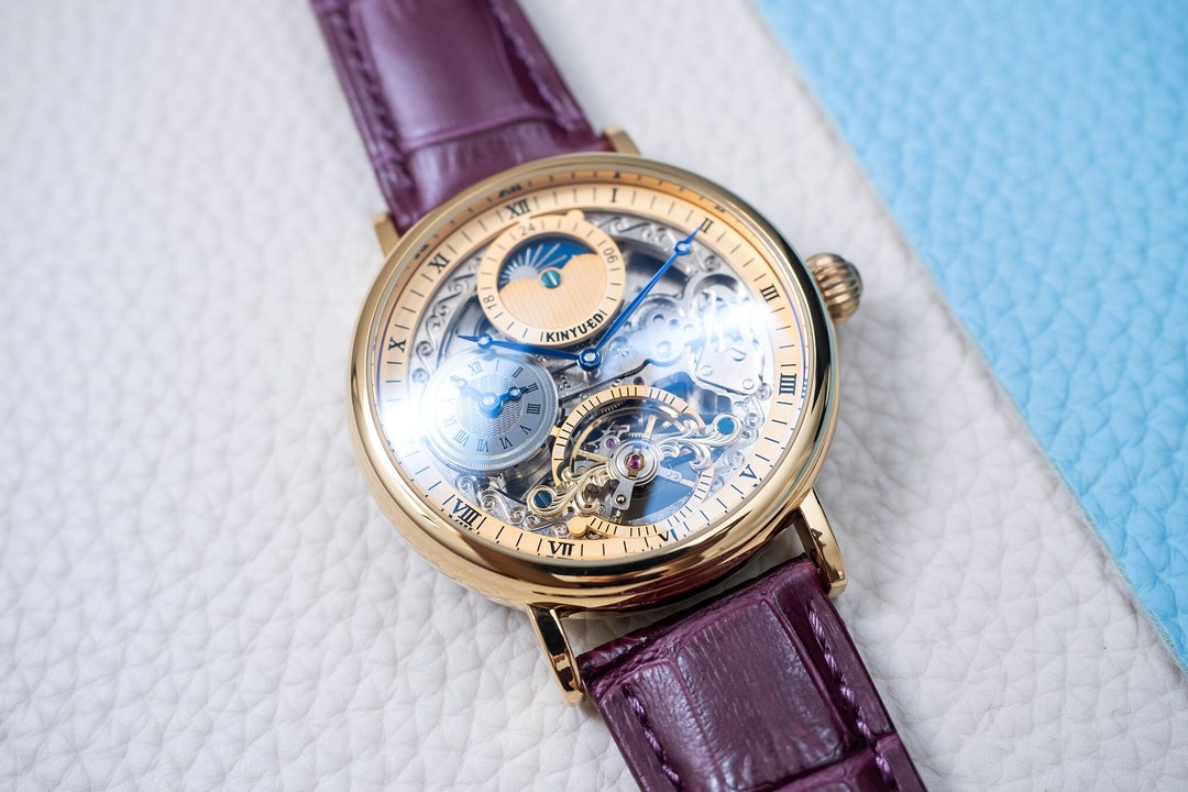 Engraved Automatic Skeleton Mechanical Dual Time Watch L Gold L Purple ...