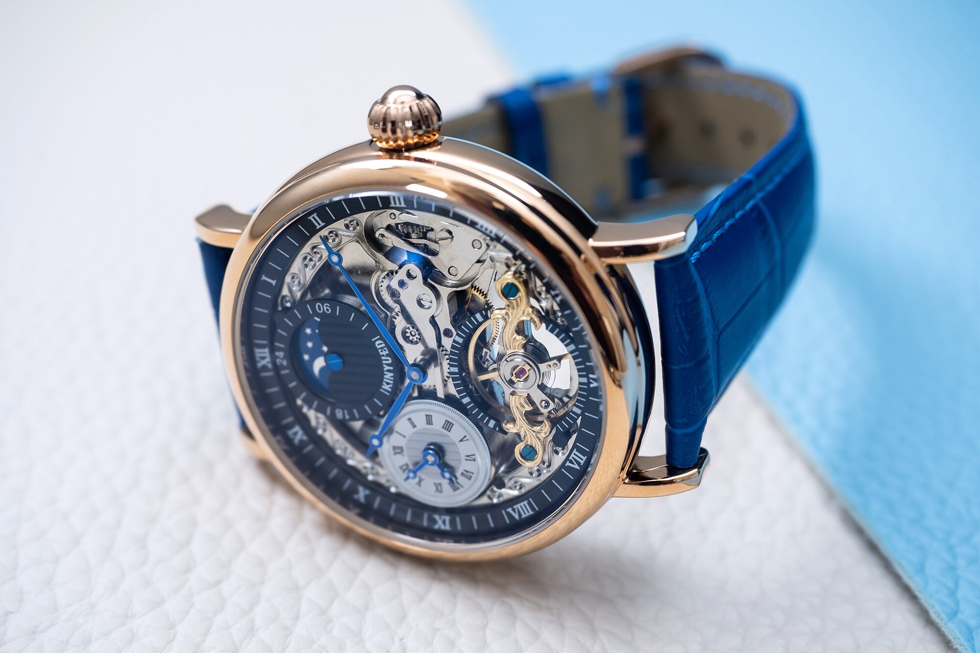 Engraved Automatic Skeleton Mechanical Dual Time Watch: Rose Gold Black ...