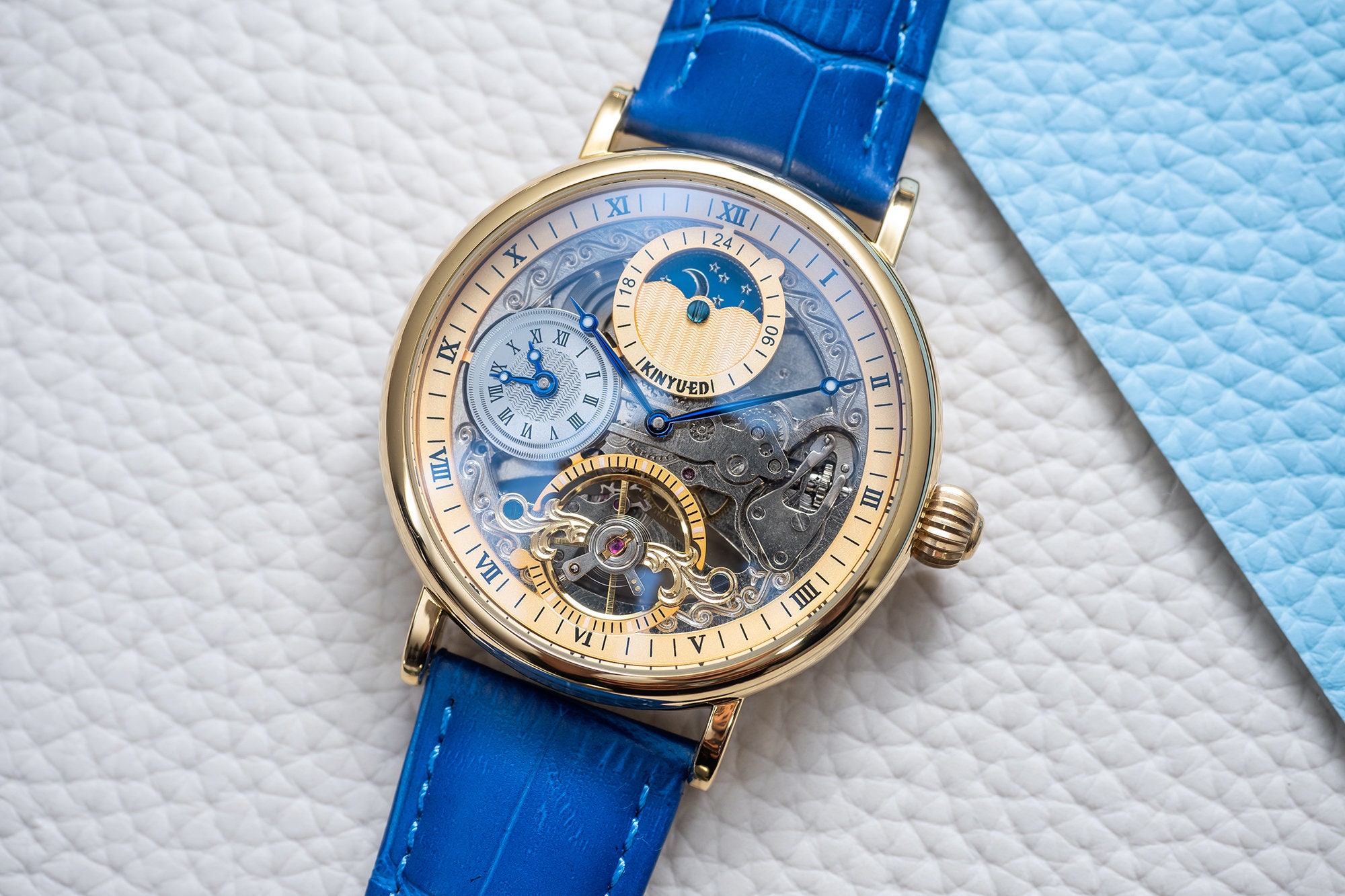 Engraved Automatic Skeleton Mechanical Dual Time Watch: Gold Blue ...