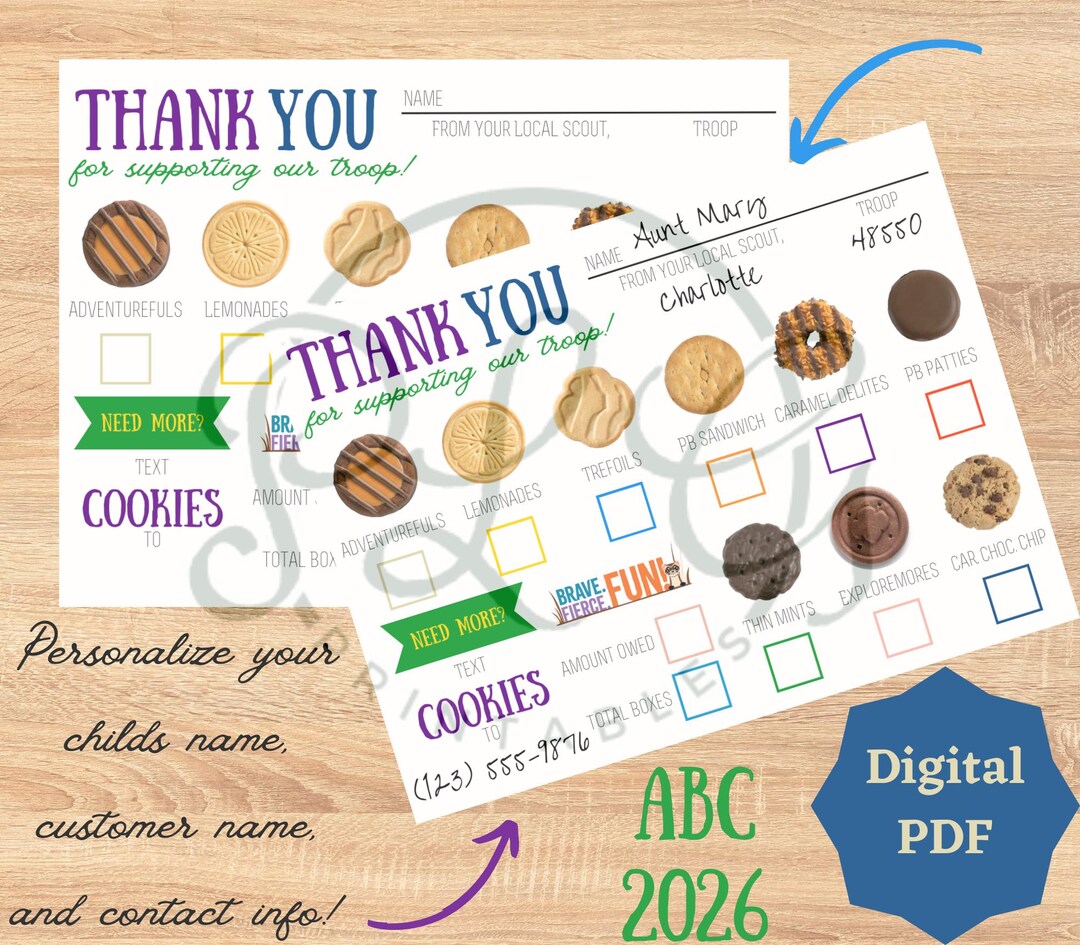 PERSONALIZED ABC COOKIE Thank You Tags, Scout Cookie Thank You Note ...